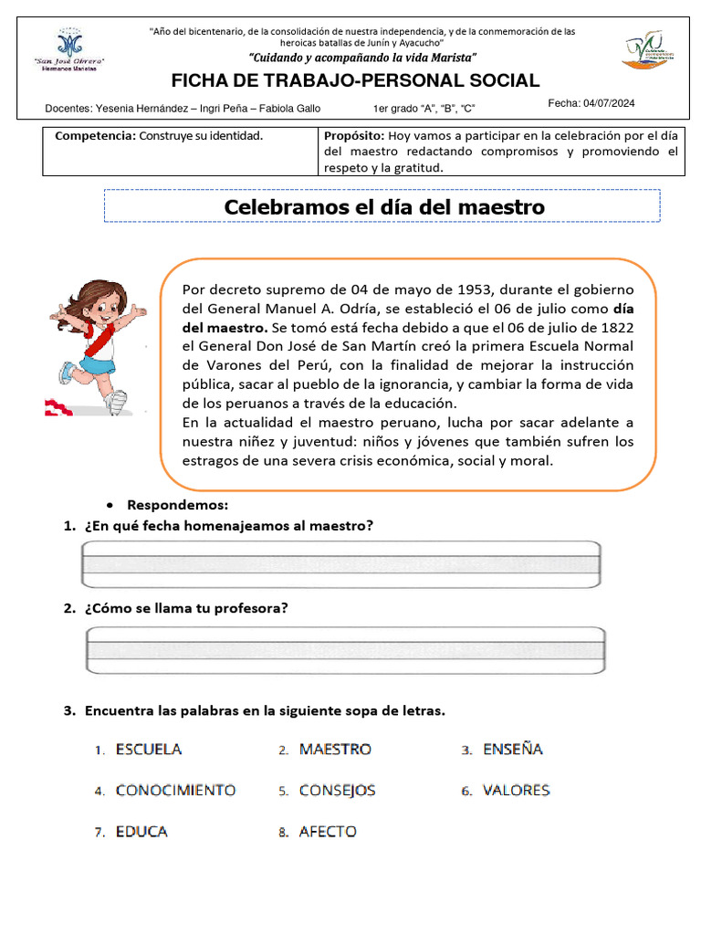 FICHA DE TRABAJO N° 06- DÍA DEL MAESTRO | PDF