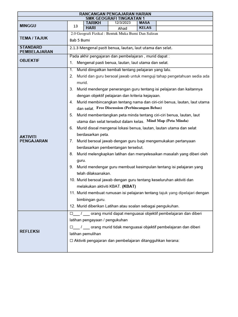 RPH Ringkas Minggu 13 Geografi Tingkatan 1 by Cikgu Gorgeous | PDF ...