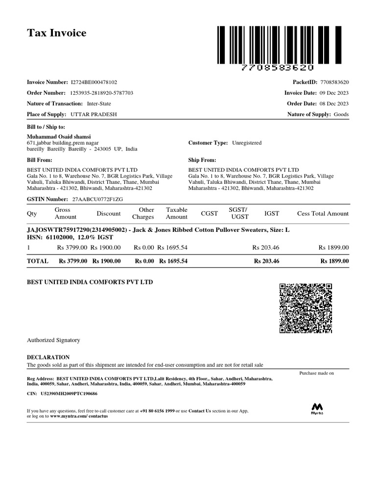 Tax Invoice: Qty Gross Amount Discount Other Charges Taxable Amount ...