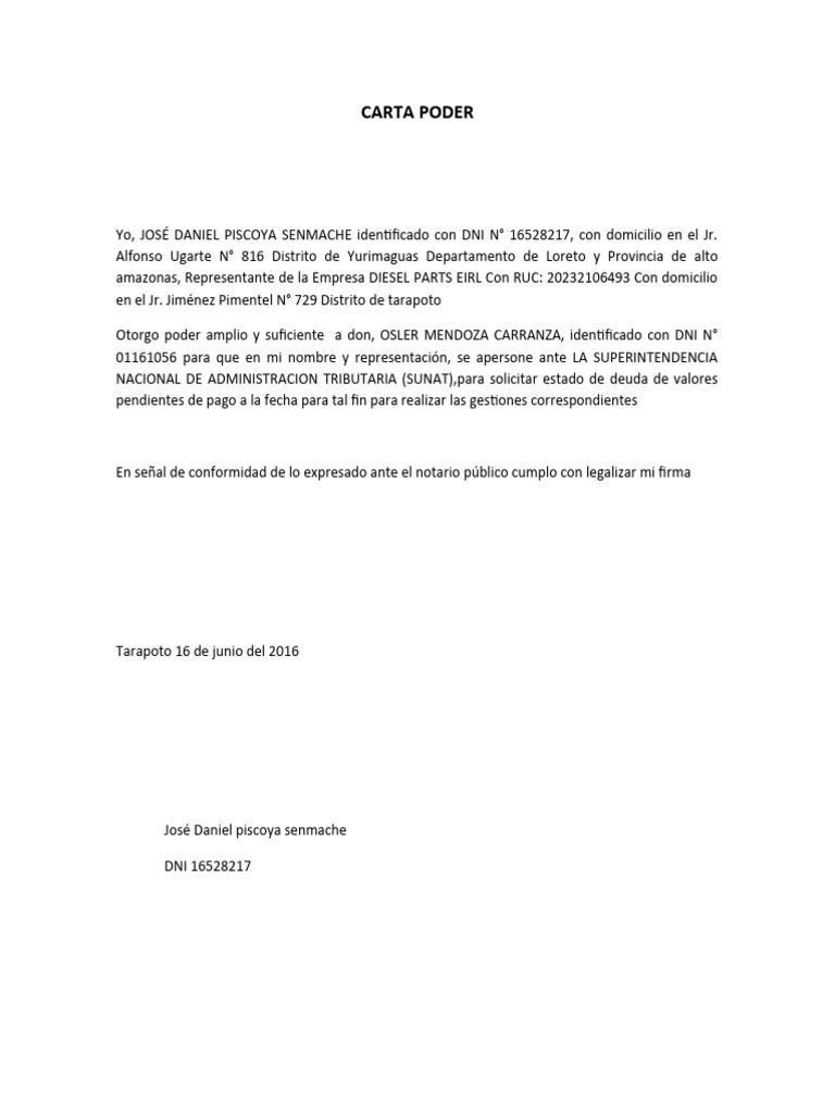 Carta Poder para SUNAT | PDF