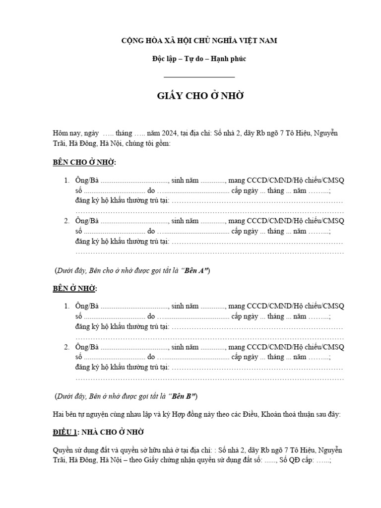 Mau Hop Dong Cho o Nho | PDF