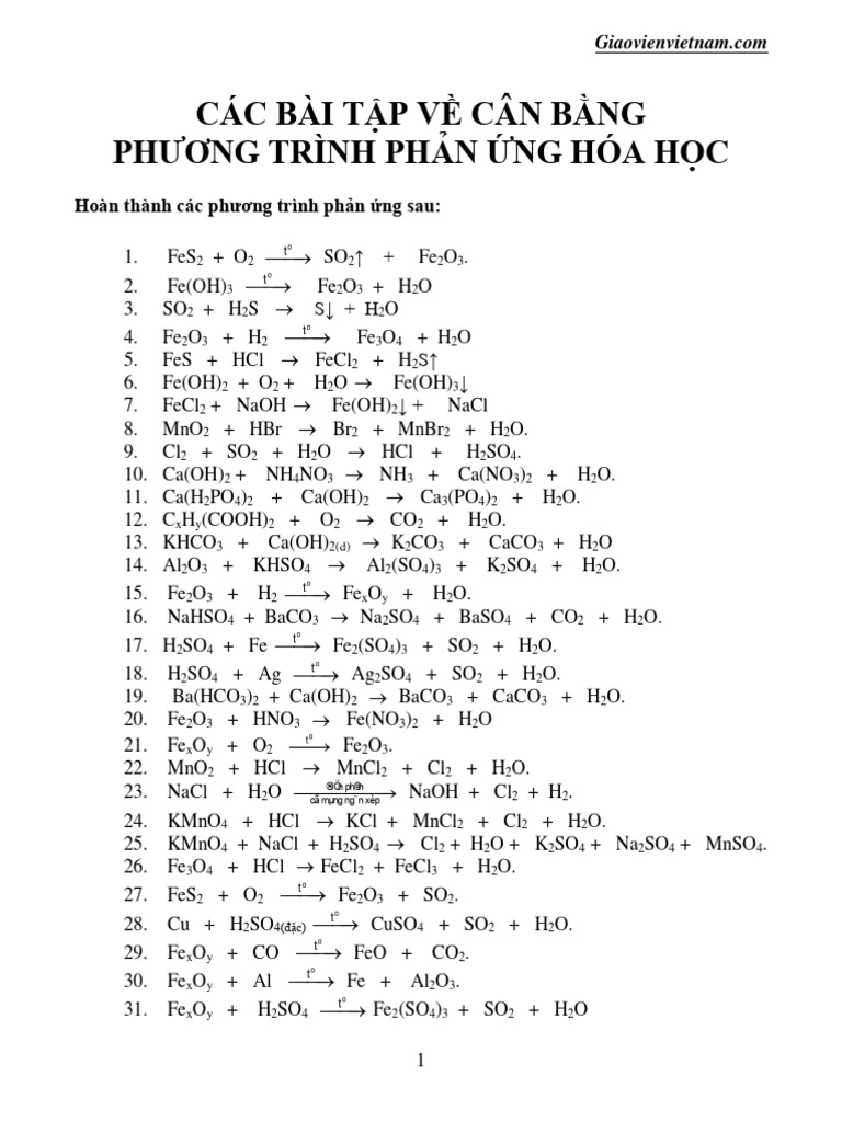 Bai Tap Can Bang Phuong Trinh Hoa Hoc Lop 8 | PDF