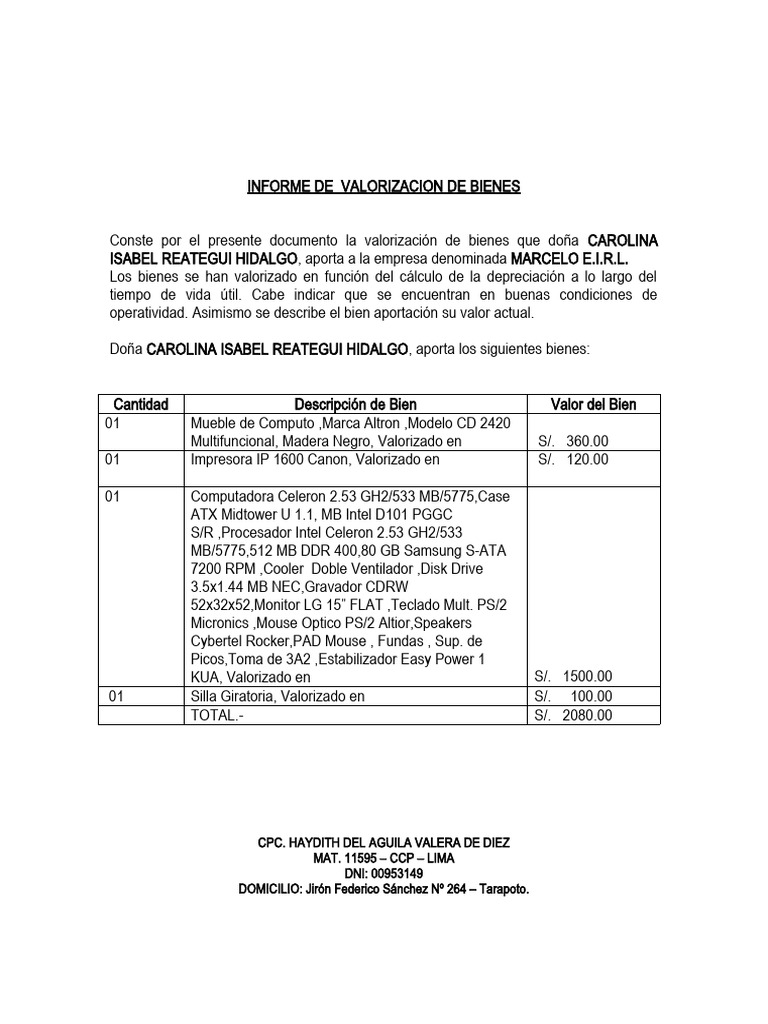 Informe de Valorizacion de Bienes | PDF | Equipo | Bienes manufacturados