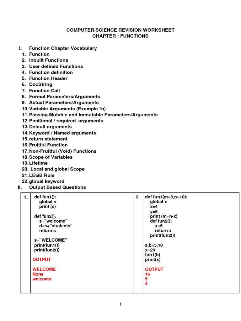 Computer Science Functions Worksheet | PDF | Parameter (Computer Programming) | Computing