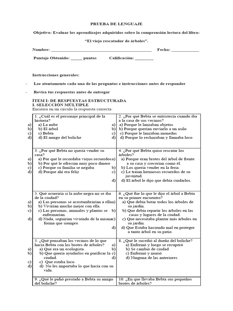 EVALAUCIÓN 2 PRUEBA DE LENGUAJE El Viejo Rescatador de Arboles | PDF