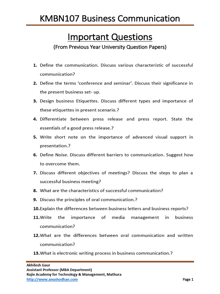 KMBN107 Business Communication Important Questions From Previous Year ...