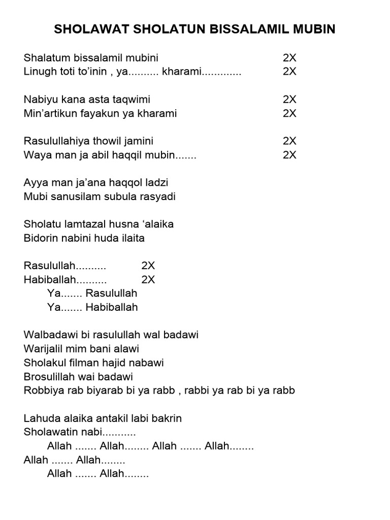 Lirik Sholawat Sholatun Bissalamil Mubin | PDF