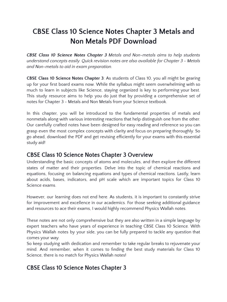 CBSE Class 10 Science Notes Chapter 3 Metals and Non Metals PDF ...