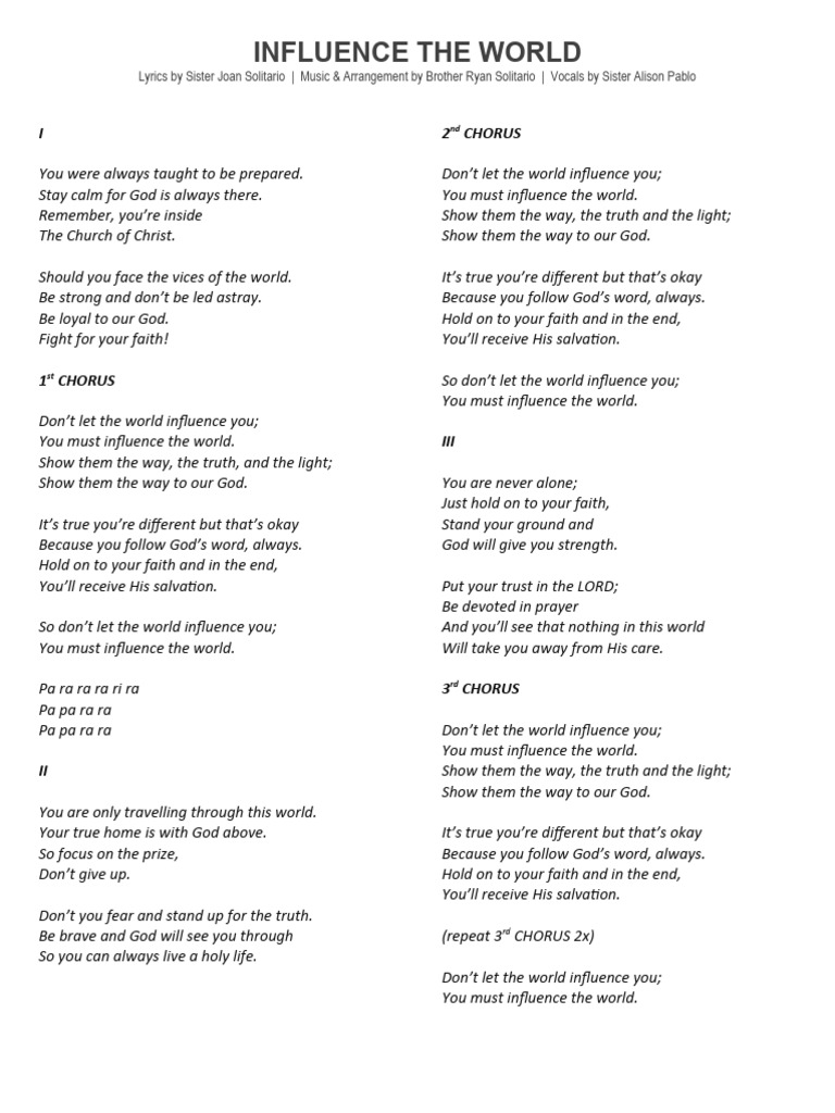 INFLUENCE THE WORLD INC LYRICS | PDF | Faith | Christian Denominational ...