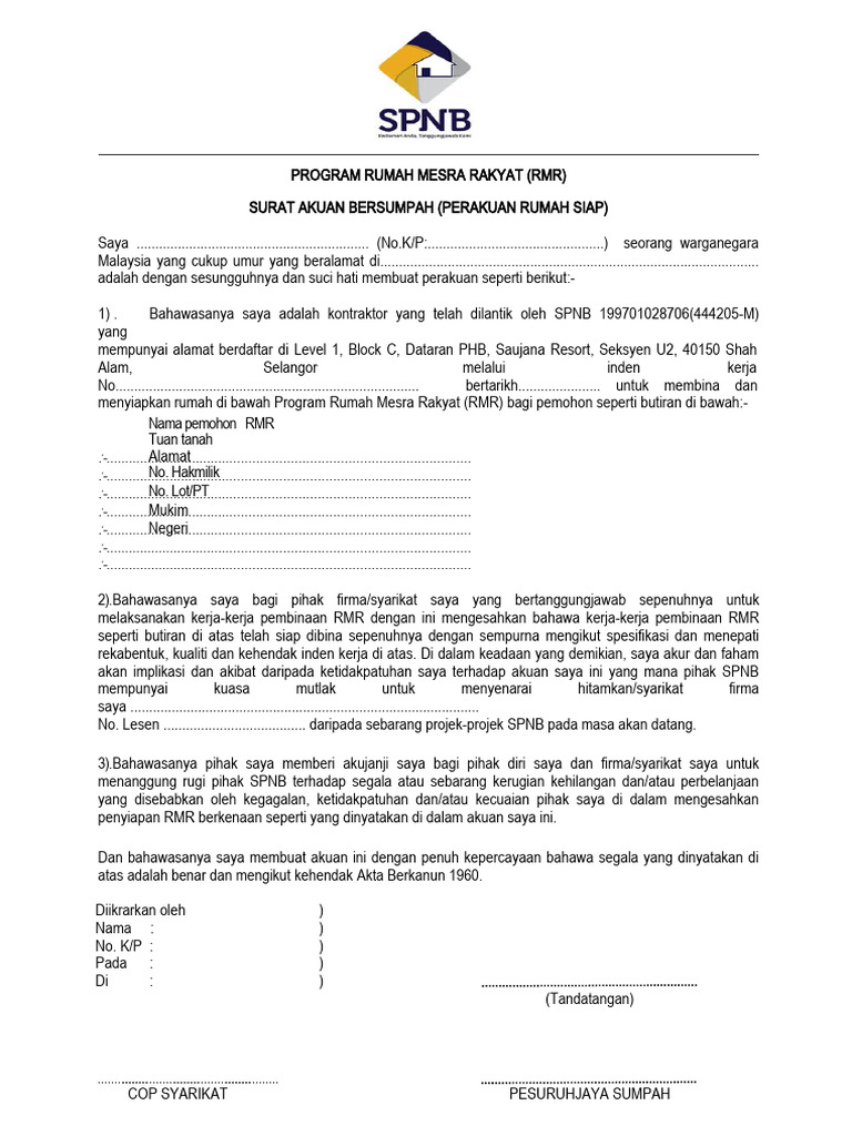 Template Surat Akuan Bersumpah (Perakuan Rumah Siap) Dari Kontraktor | PDF