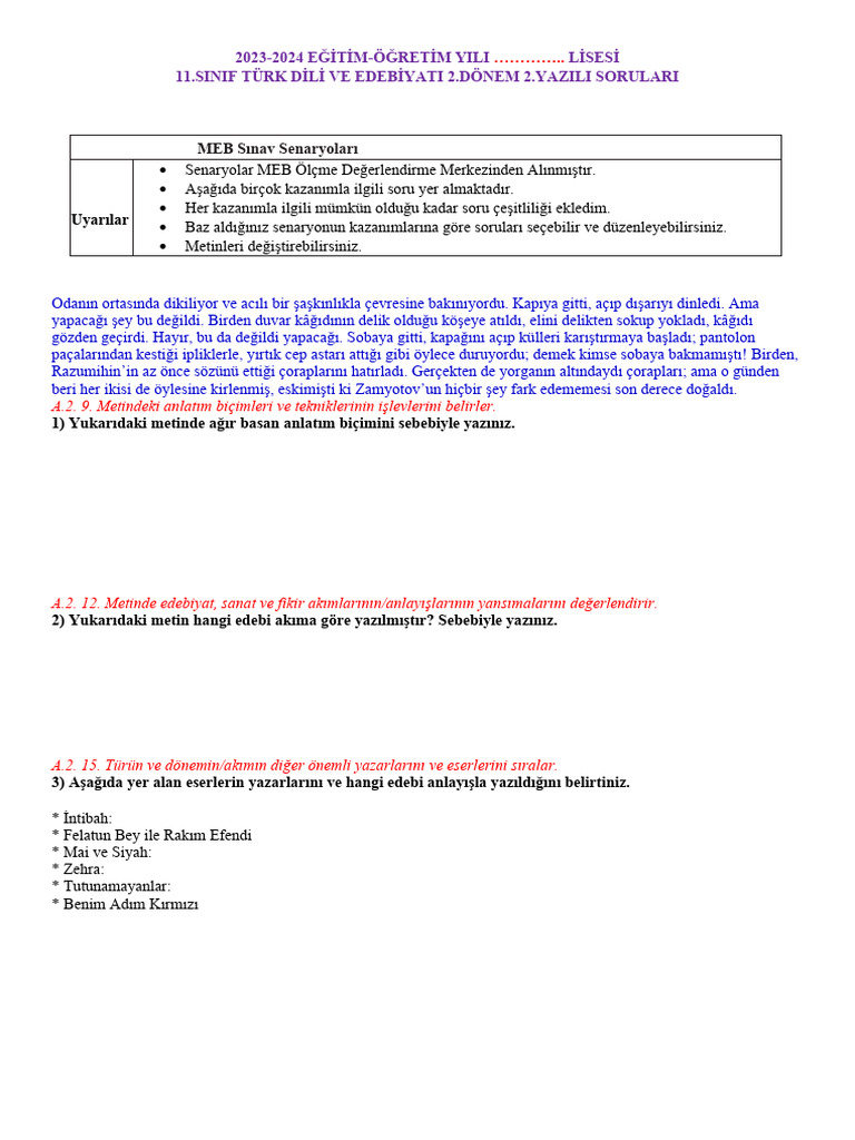 11.sinif Edebiyat 2.donem 2.yazili Sorulari 2024 | PDF