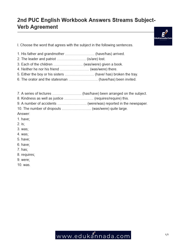 2nd PUC English Workbook: Subject-Verb Agreement | PDF