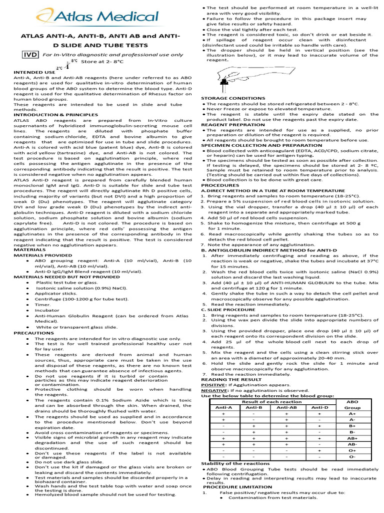 Blood Grouping Package Insert | PDF | Tissue (Biology) | Vertebrates
