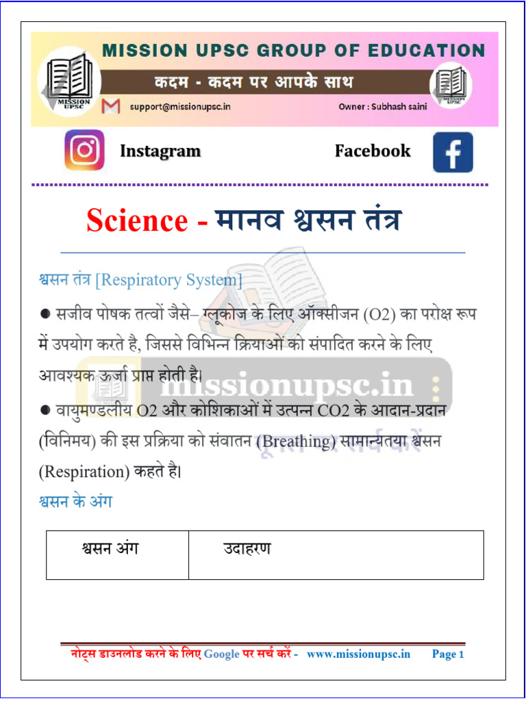 Science - मानव श्वसन तंत्र | PDF