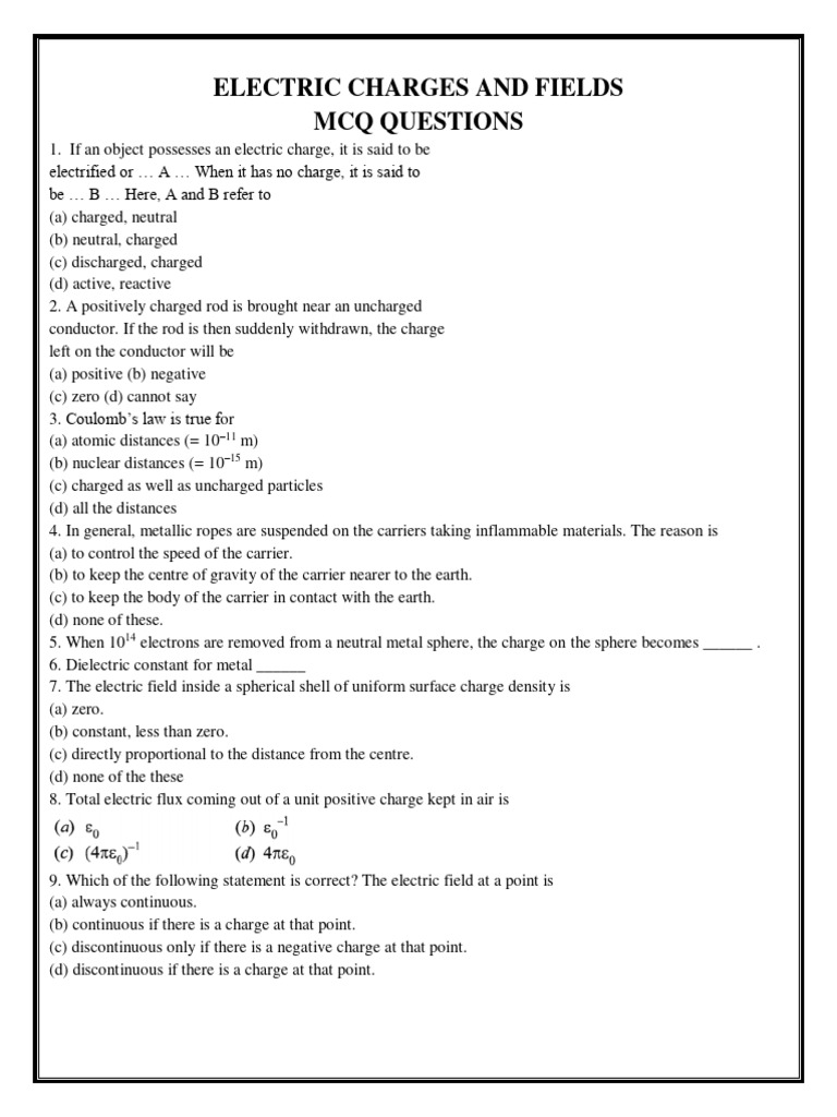 CHAPTER - 1 Extra MCQ | PDF | Electric Charge | Electromagnetism