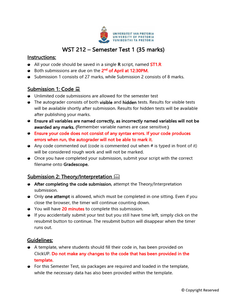 WST212 - Semester Test 1 - Submission Instructions - 2022 | PDF ...