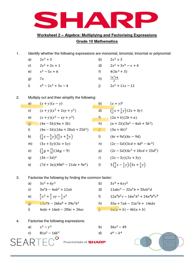 Grade 10 Algebra: Expressions Worksheet | PDF | Factorization ...