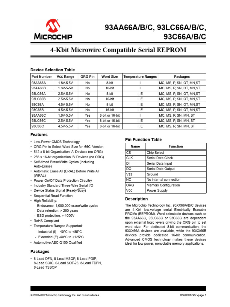 93AA66X 93LC66X 93C66X 4 Kbit Microwire Compatible Serial EEPROM Data Sheet | PDF | Electronics ...