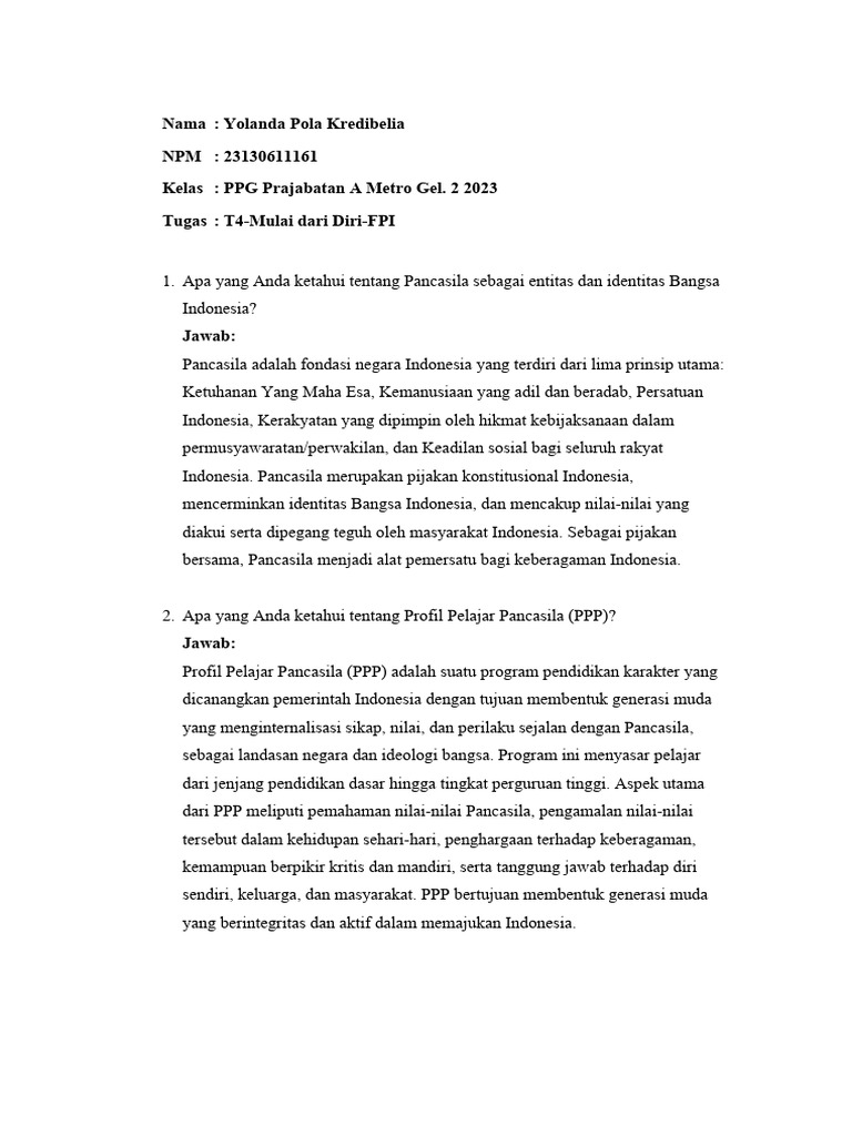 T4 - Mulai Dari Diri - FPI - Yolanda Pola Kredibelia | PDF | Karier & Perkembangan | Sains ...