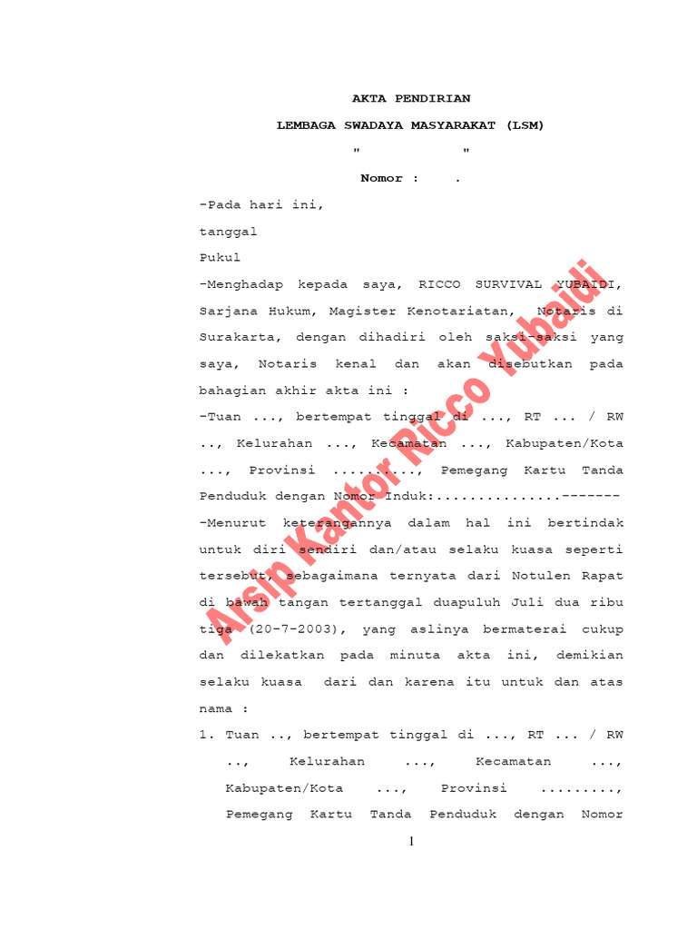Contoh Akta Pendirian Lembaga Swadaya Ma | PDF