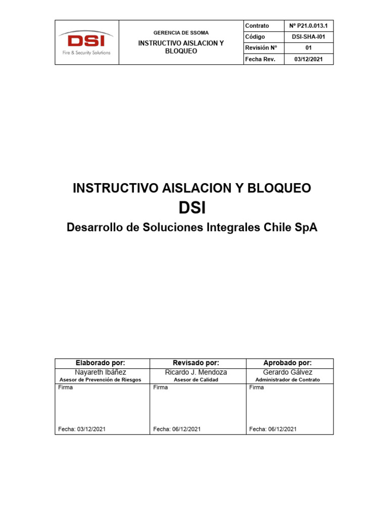 INSTRUCTIVO AISLACION Y BLOQUEO DSI Chile | PDF