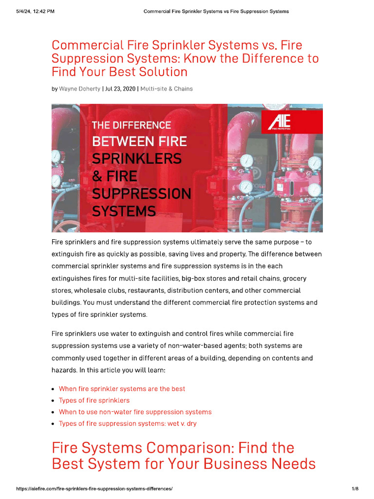 Fire Suppression Vs Fire Sprinkler Systems | PDF