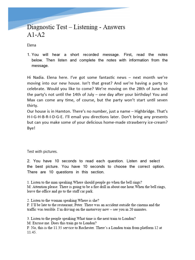 Listening Diagnostic Test Answers A1-A2 | PDF