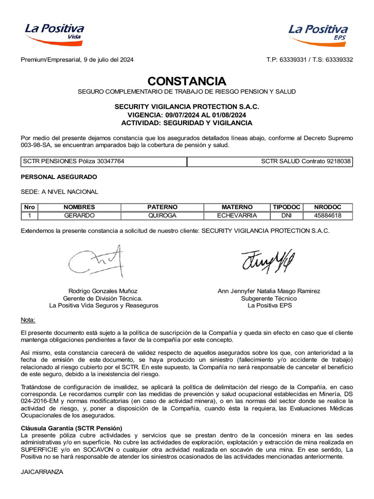 Constancia SCTR La Positiva Julio 2024 Inclusion 1 | PDF | Póliza de seguros | Seguro