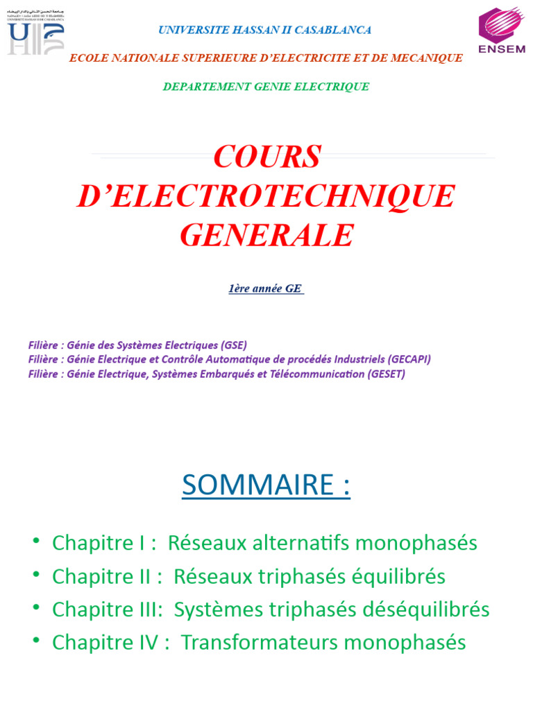 Cours d'Électrotechnique Générale | PDF | Transformateur électrique ...