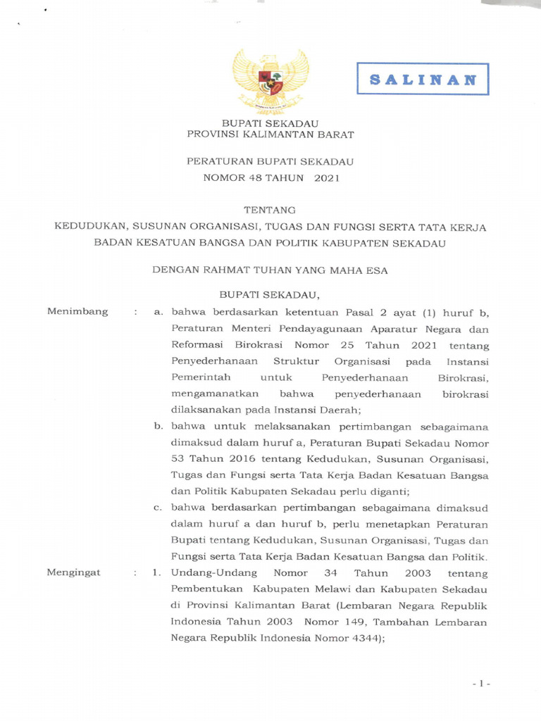 Salinan Perbup Sotk Badan Kesbangpol | PDF