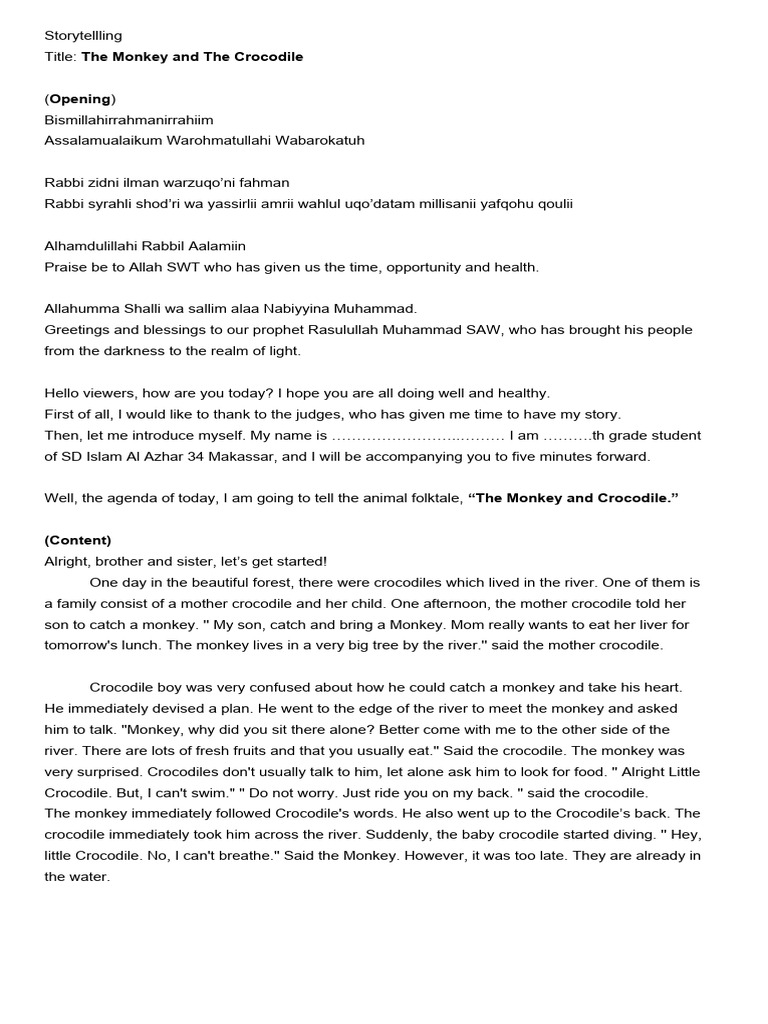 Teks Storytelling - Monkey and Crocodile | PDF | Abrahamic Religions