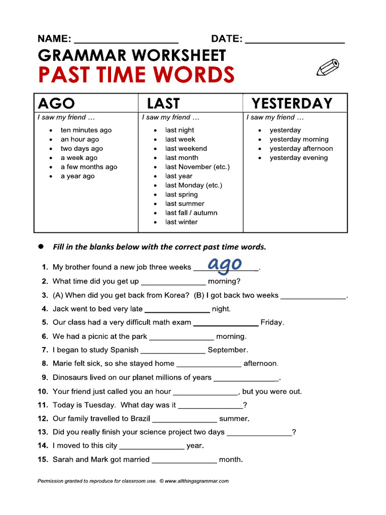 Past Time Expressions Practice | PDF