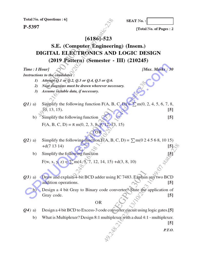 Be - Computer Engineering - Semester 3 - 2023 - October - Digital Electronics and Logic Design ...