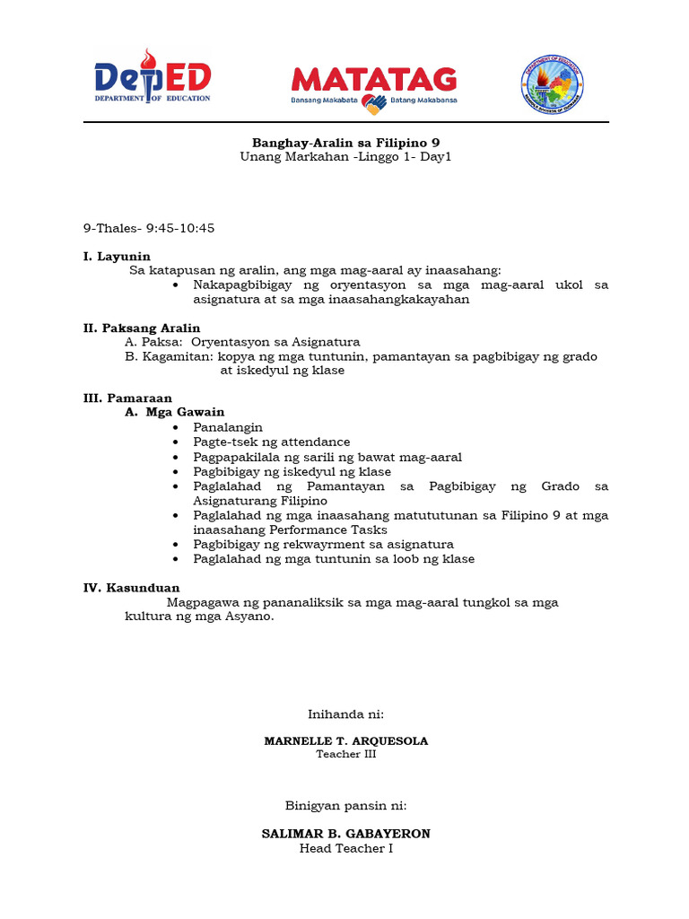 Matatag 2023 2024 Lesson Plan in Filipino 9 | PDF