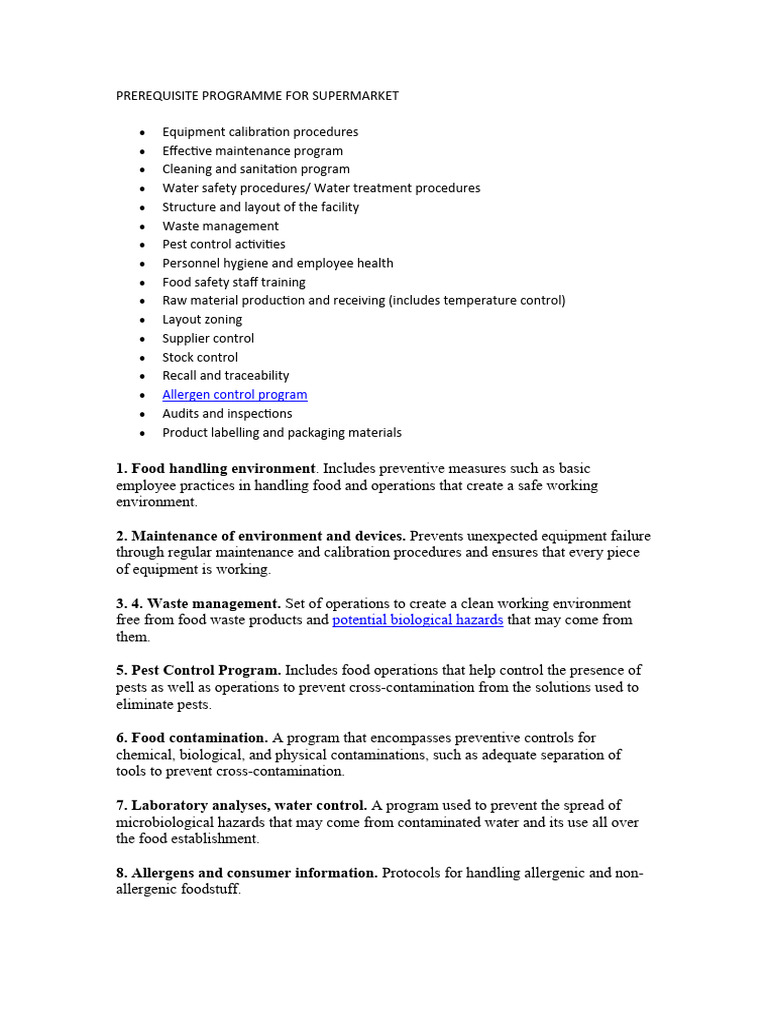 Prerequisite Programme For Supermarket | PDF | Food Safety