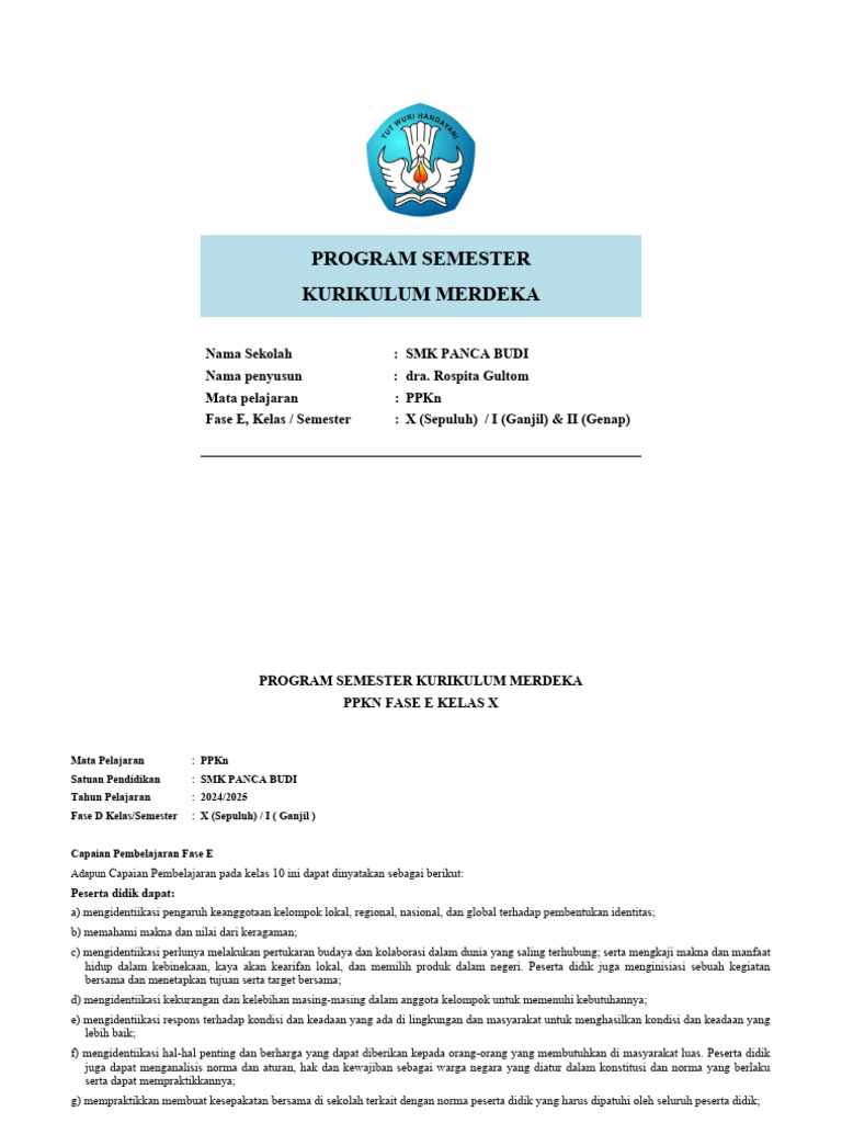 Program Semester PPKn Kelas 10 SMK 2024 | PDF | Karier & Perkembangan