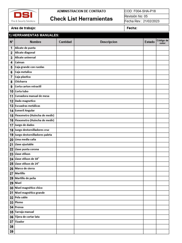 FR-GSO-P01-F10 Formato Check List Herramientas | PDF