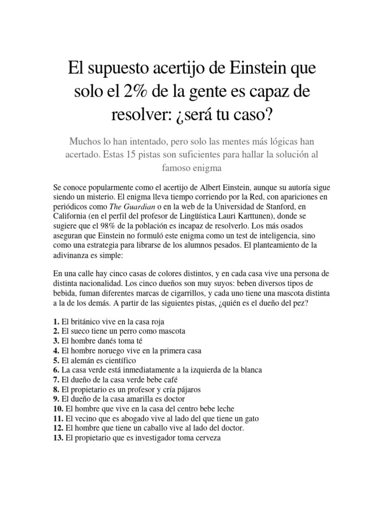 Acertijo de Einstein | Descargar gratis PDF | Albert Einstein
