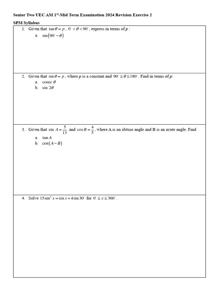 Senior Two UEC AM 1st-Mid Term Examination 2024 Revision Exercise 2 | PDF