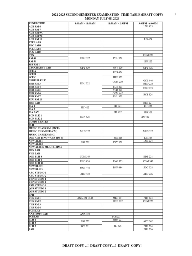 2022-2023 Second Semester Exam Time - Table | PDF