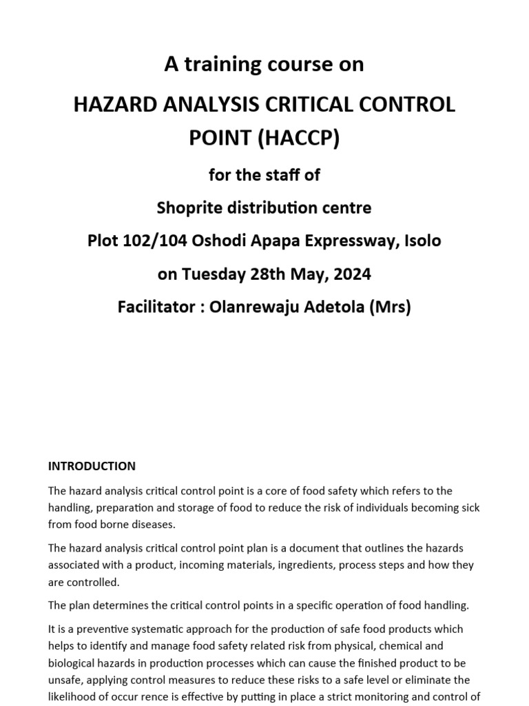 HACCP Training Manual | PDF | Food Safety | Hazard Analysis And Critical Control Points