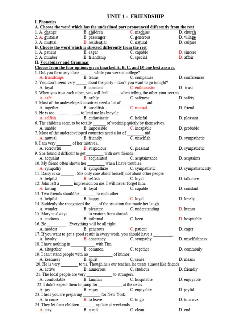 UNIT 1 FRIENDSHIP Practice Test | PDF