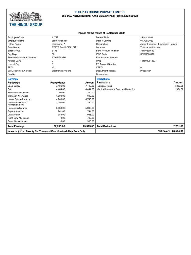 THG Publishing Pvt Ltd September Payslip | PDF | Expense | Insurance