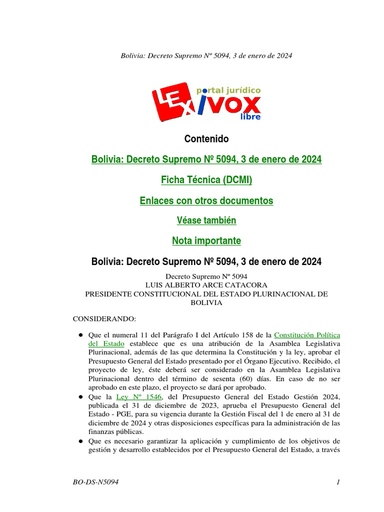 Contenido: Bolivia: Decreto Supremo #5094, 3 de Enero de 2024 Ficha Técnica (DCMI) Enlaces Con ...
