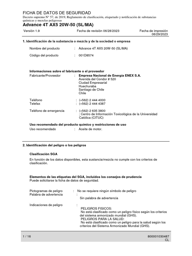 Advance 4T AX5 20W-50 (SL-MA) MSDS | PDF | Agua | Contaminación
