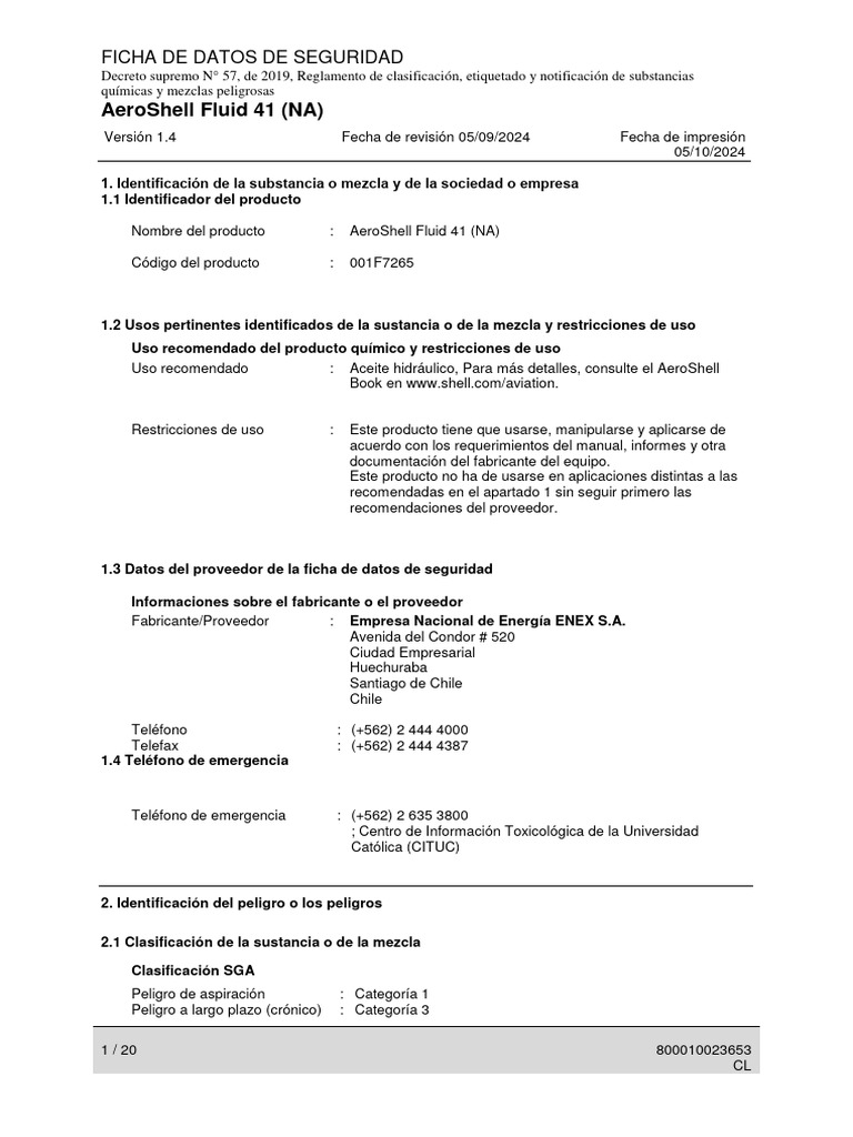 Ficha de Seguridad AeroShell Fluid 41 | PDF | Guante | Química