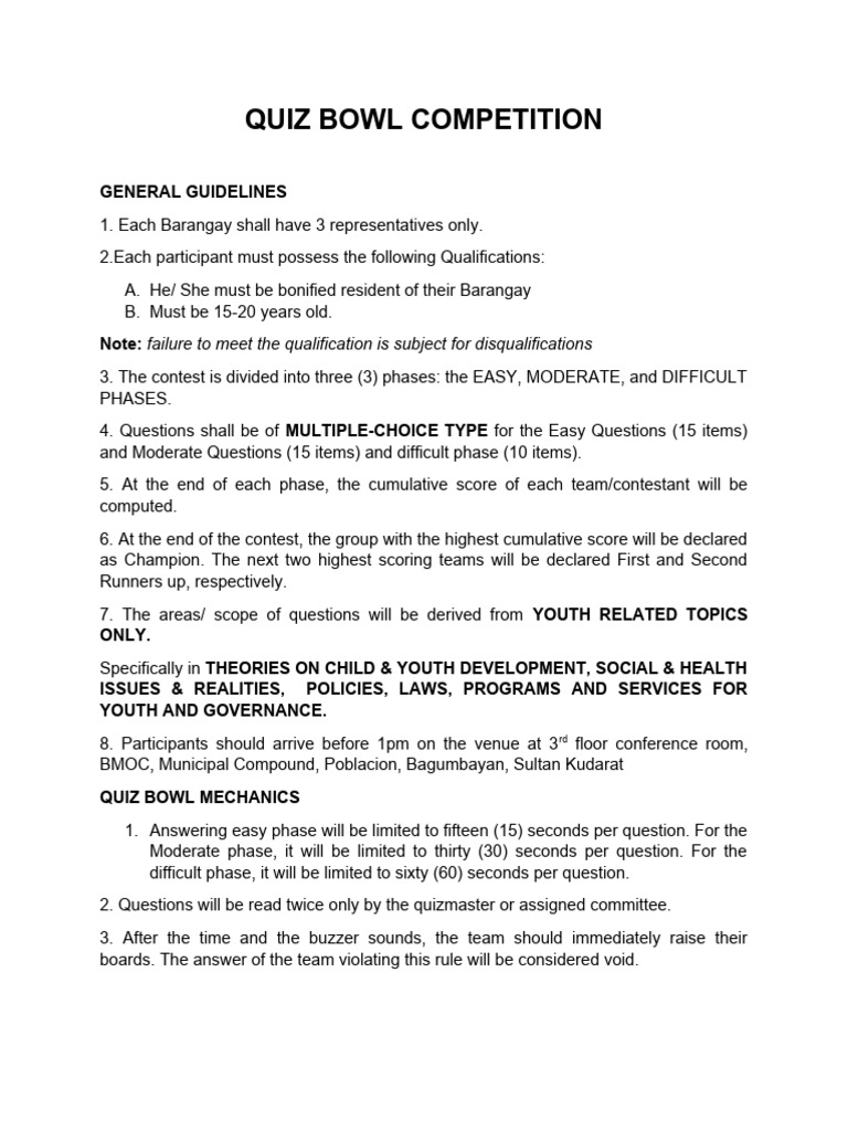 Quiz Bowl Competition Guidelines | PDF | Technology & Engineering