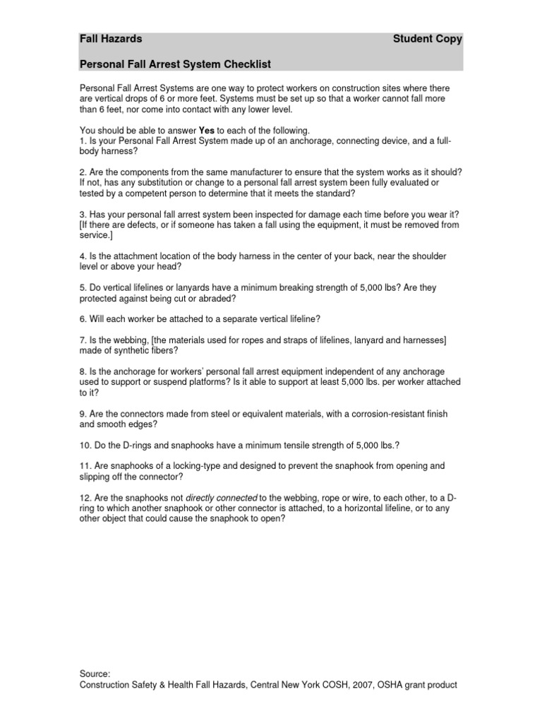 03 Fed OSHA Focus 4 FallHaz PFAS Checklist | PDF