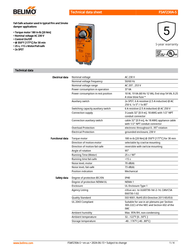 Belimo FSAF230A-S Datasheet En-Us | PDF | Electrical Engineering | Electricity