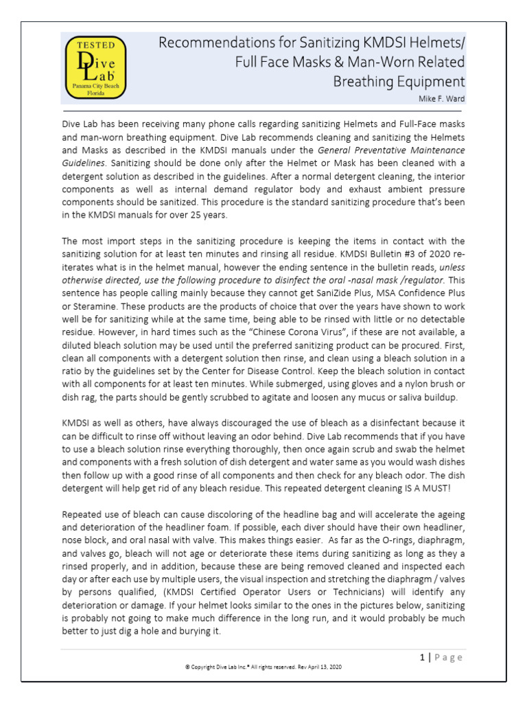 Recommendations For Santizing KMDSI Helmets 1 | PDF | Diving Equipment ...
